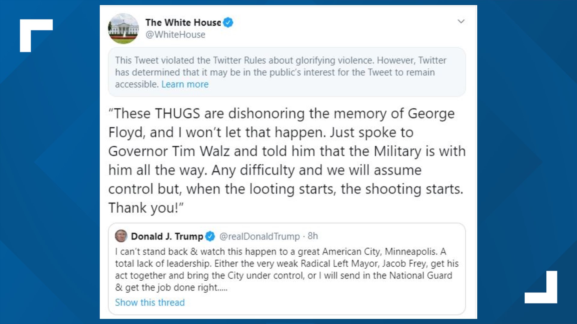 Twitter flags Trump, White House tweets for 'glorifying violence ...