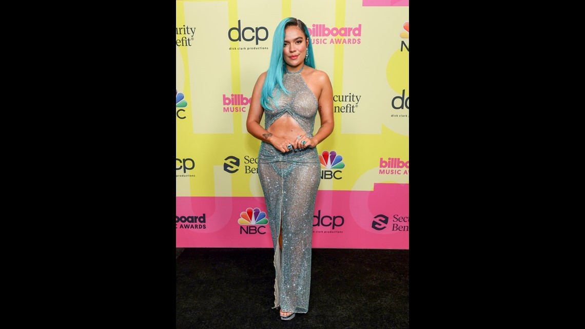 Karol G Rocks Stunning Sheer Gown and Bright Blue Hair at 2021 Billboard Music Awards | wusa9.com