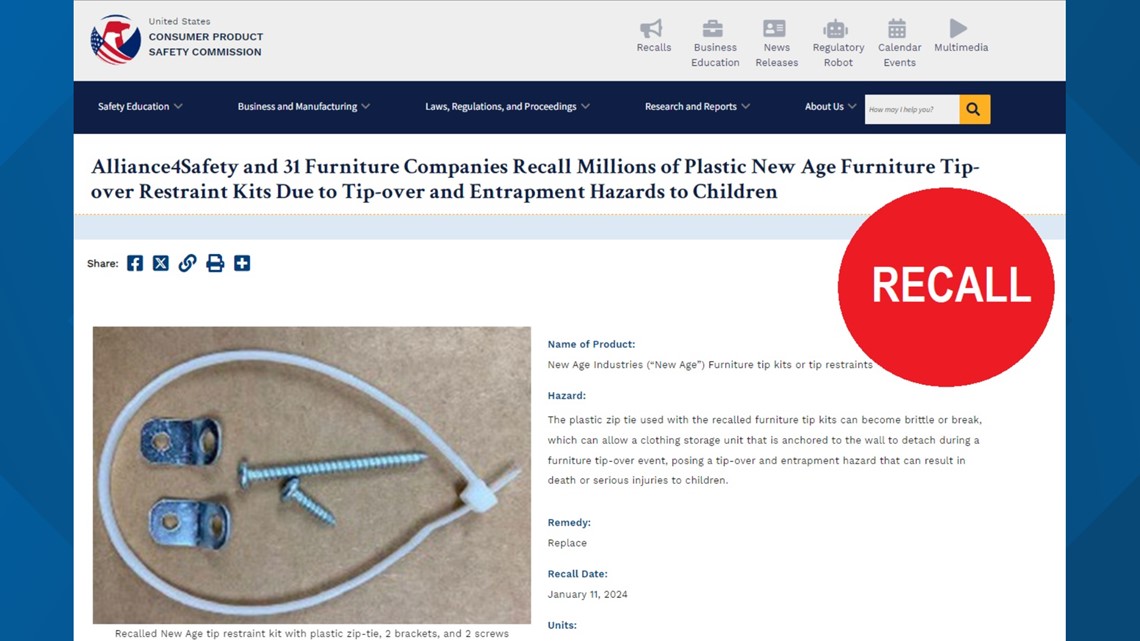 Furniture restraint kits recall | wusa9.com