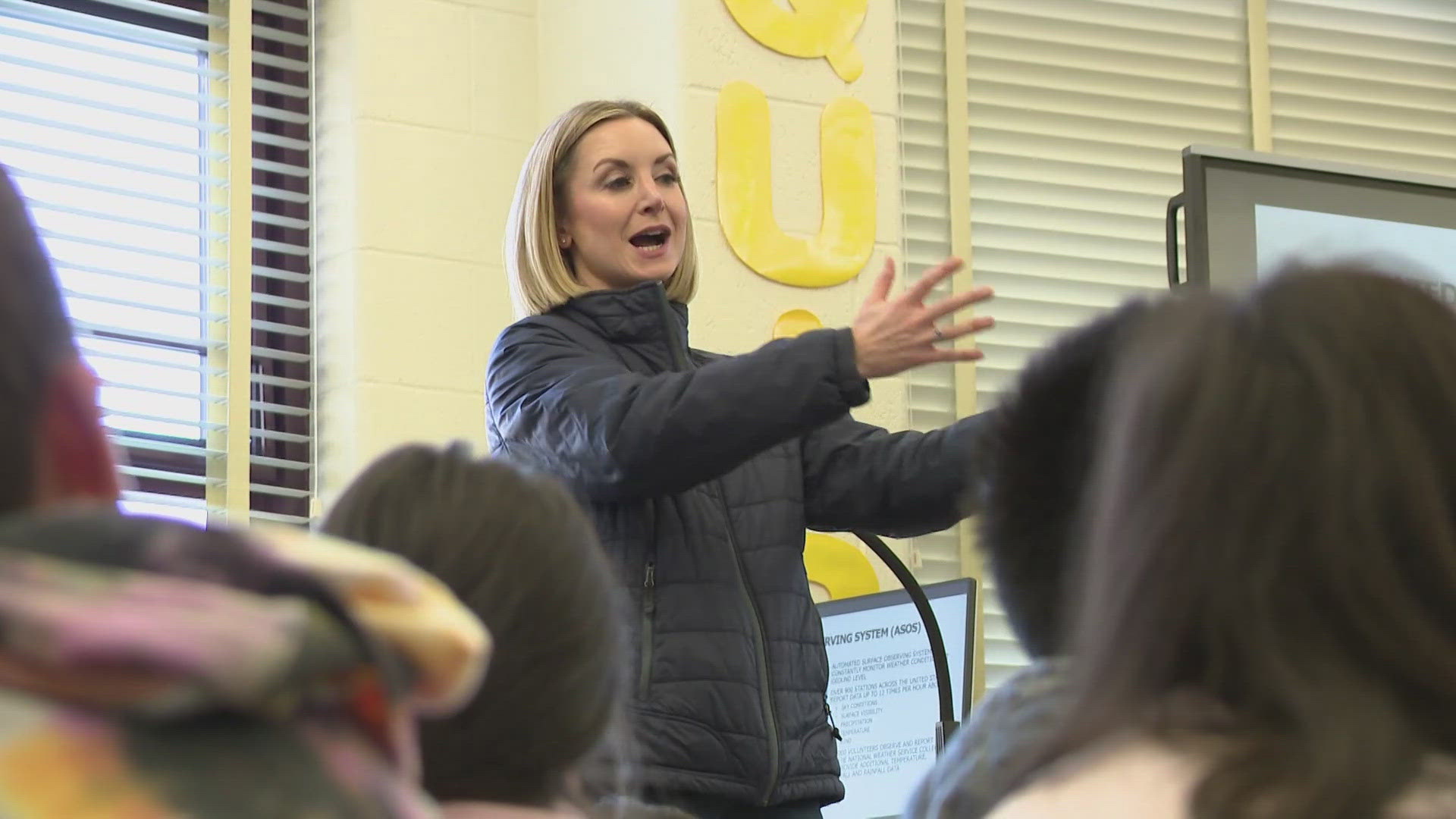 Meteorologist Kaitlyn McGrath teaches Silver Spring students about the ...