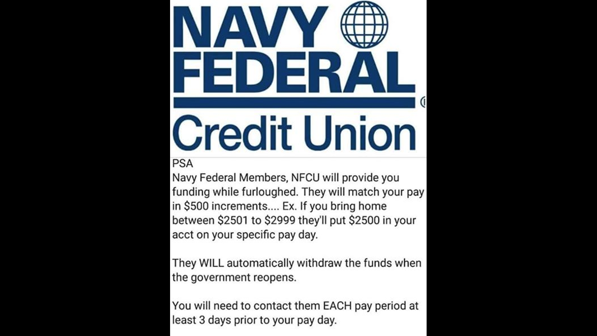 VERIFY: Navy Federal Credit Union providing funding to furloughed ...