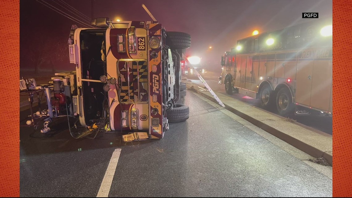 Fire truck overturns in Prince George's Co., 6 firefighters hurt | wusa9.com