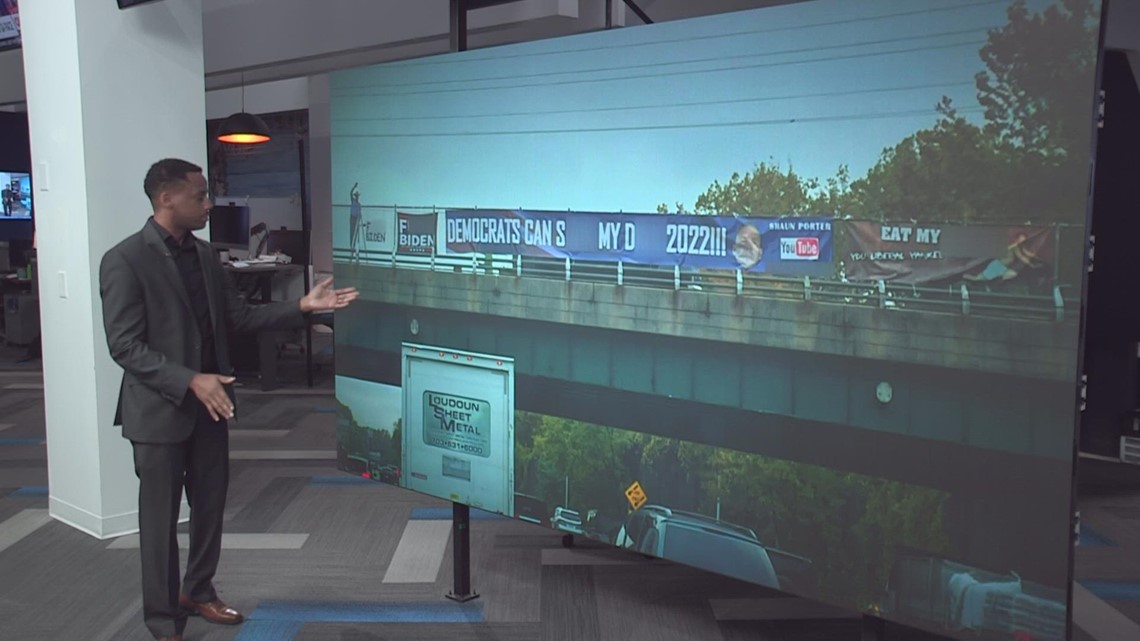 Controversy over offensive signs hanging above Capital Beltway overpass ...