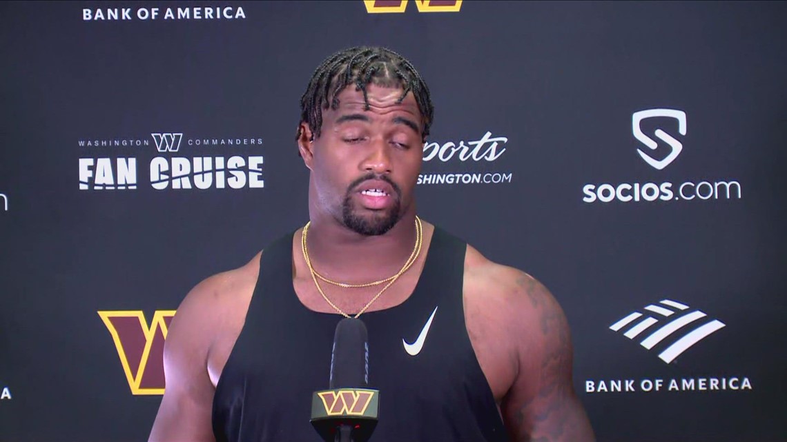 Commanders defensive tackle Jonathan Allen reacts to learning his ...