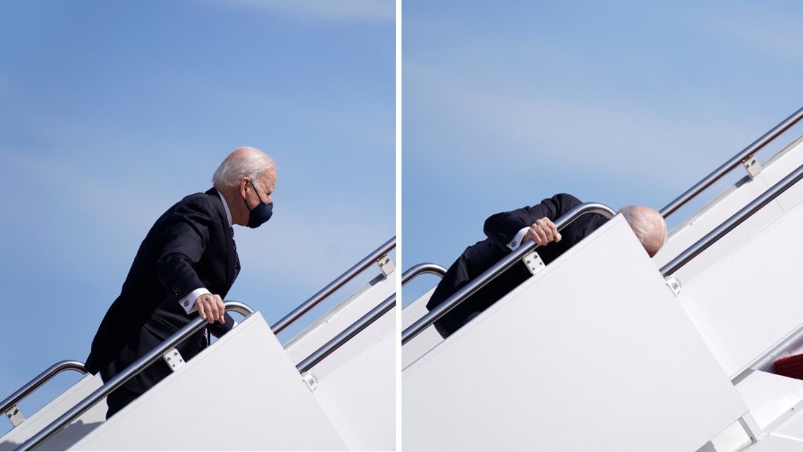 Biden trips going up the stairs of Air Force One | wusa9.com
