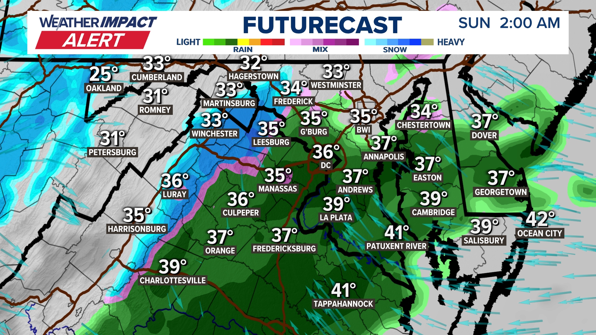 Weather Impact Alert: Rain and snow expected across the DMV on Sunday ...