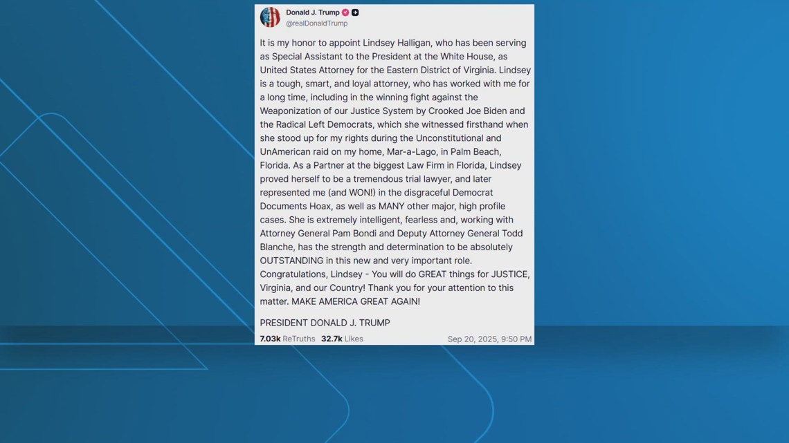 Lindsey Halligan named U.S. Attorney for Eastern District of Virginia ...