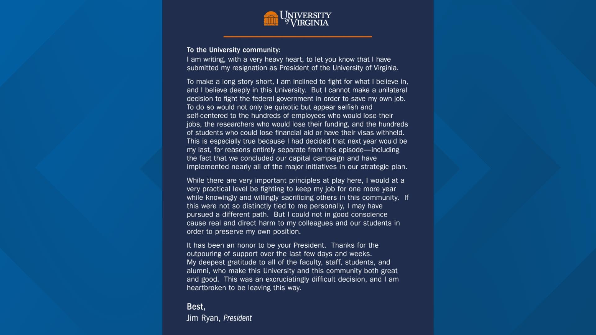 UVA President Jim Ryan resigns amid federal pressure | wusa9.com