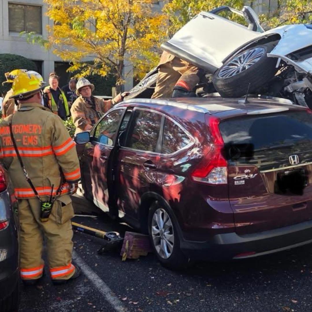 1 person transported after car becomes wedged in North Bethesda parking ...
