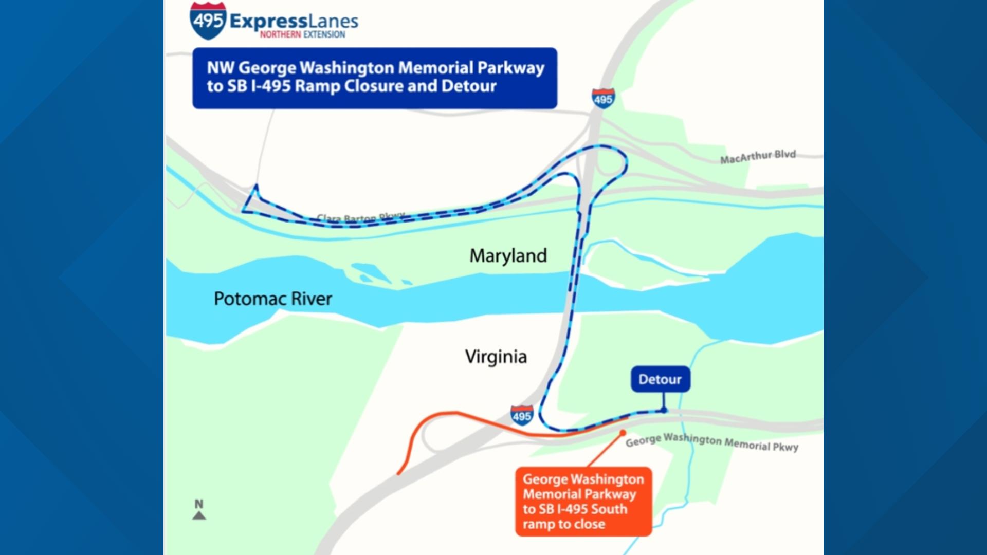 Ramp closures, detours on Southbound I-495 at GW Parkway, Georgetown ...