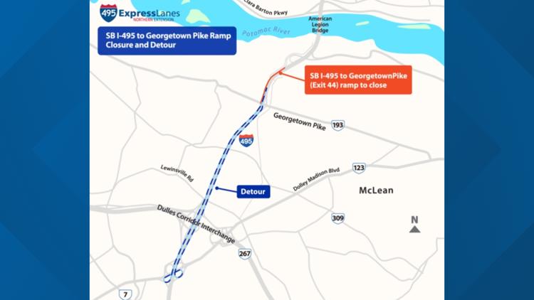 Ramp closures, detours on Southbound I-495 at GW Parkway, Georgetown ...